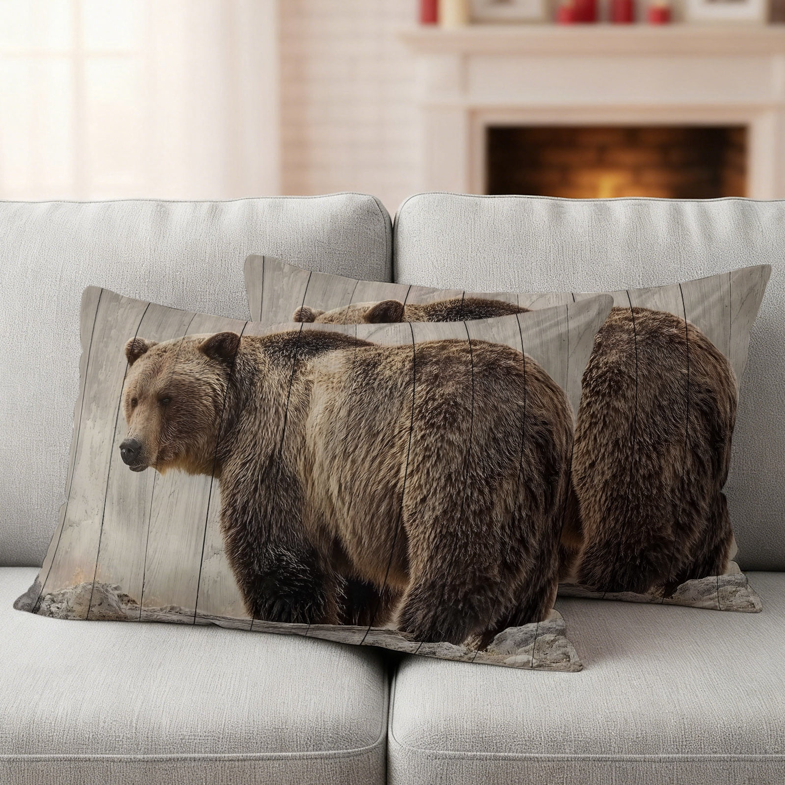 Bear Pillow Covers 2 Pack Farmhouse Rustic Animals Wooden Texture ...