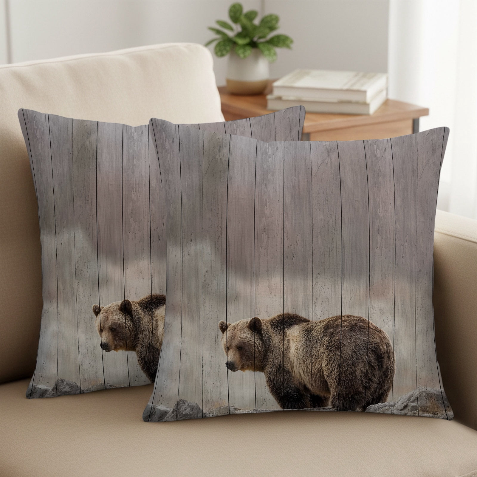 Bear Pillow Covers Set of 2, Farmhouse Rustic Animals Wooden Texture ...