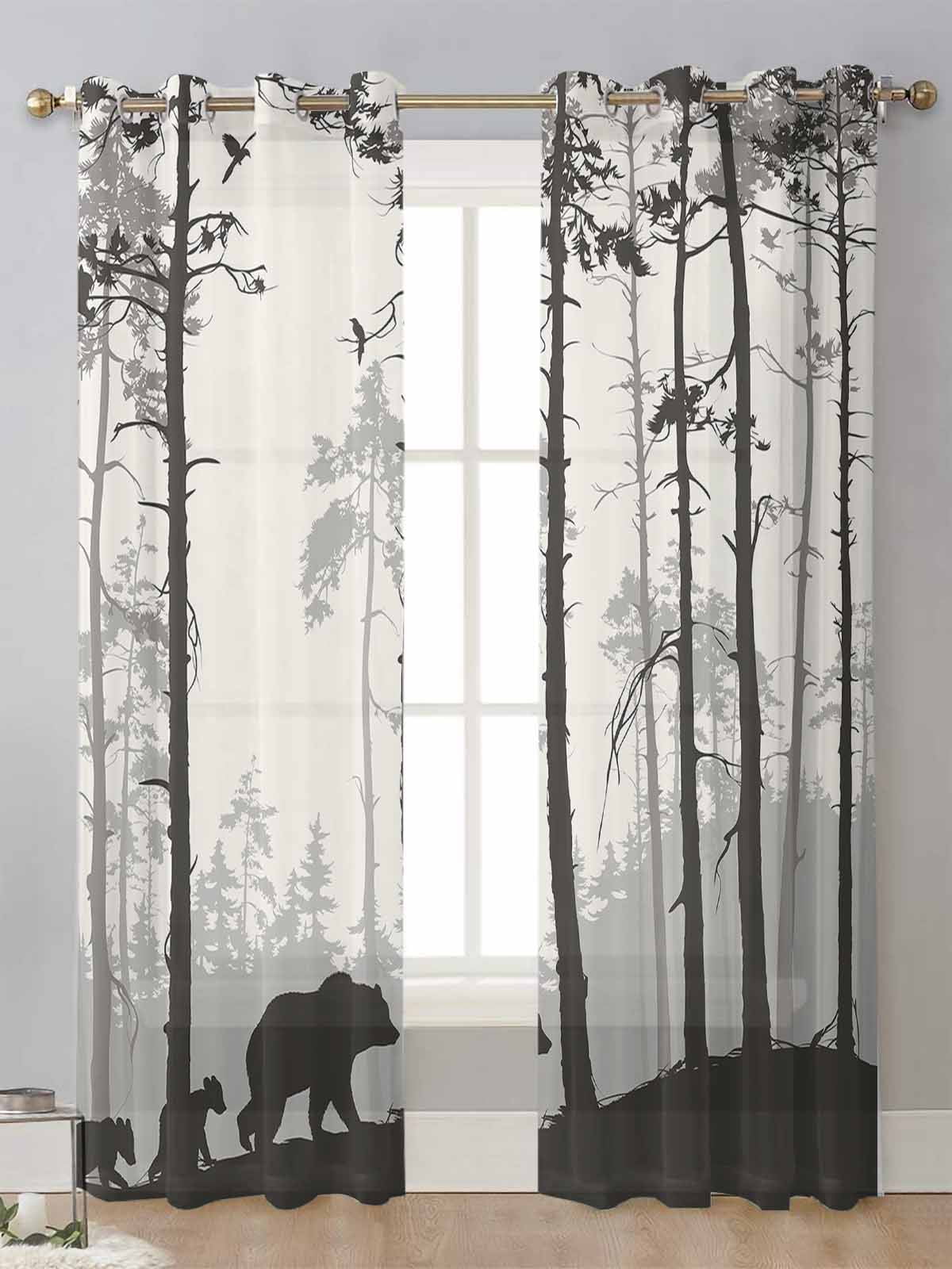 Bear Pine Tree Brown Sheer Curtains For Living Room Window Transparent ...
