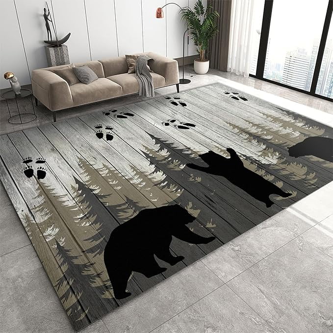 Bear Pine Tree Silhouette Print Area Rug, Vintage Country Style Home ...