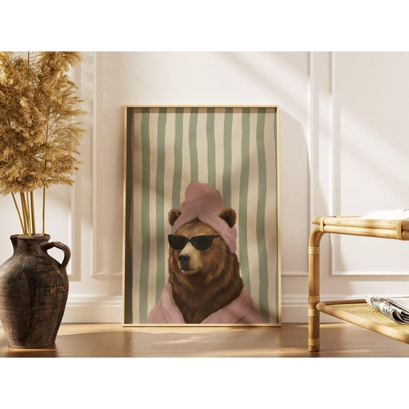 Bear Pink Towel Print, Funny Bathroom Wall Art, Quirky Bear Poster ...