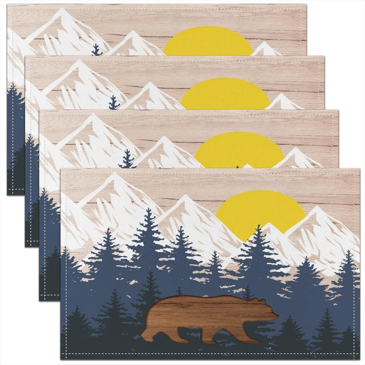 Bear Placemats 12"x18", Rustic Western Jungle Sunset Table Place Mats ...