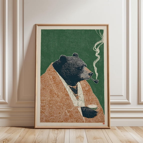 Bear Portrait Japanese Line Art Green and Rust Tones Animal Wall Decor ...