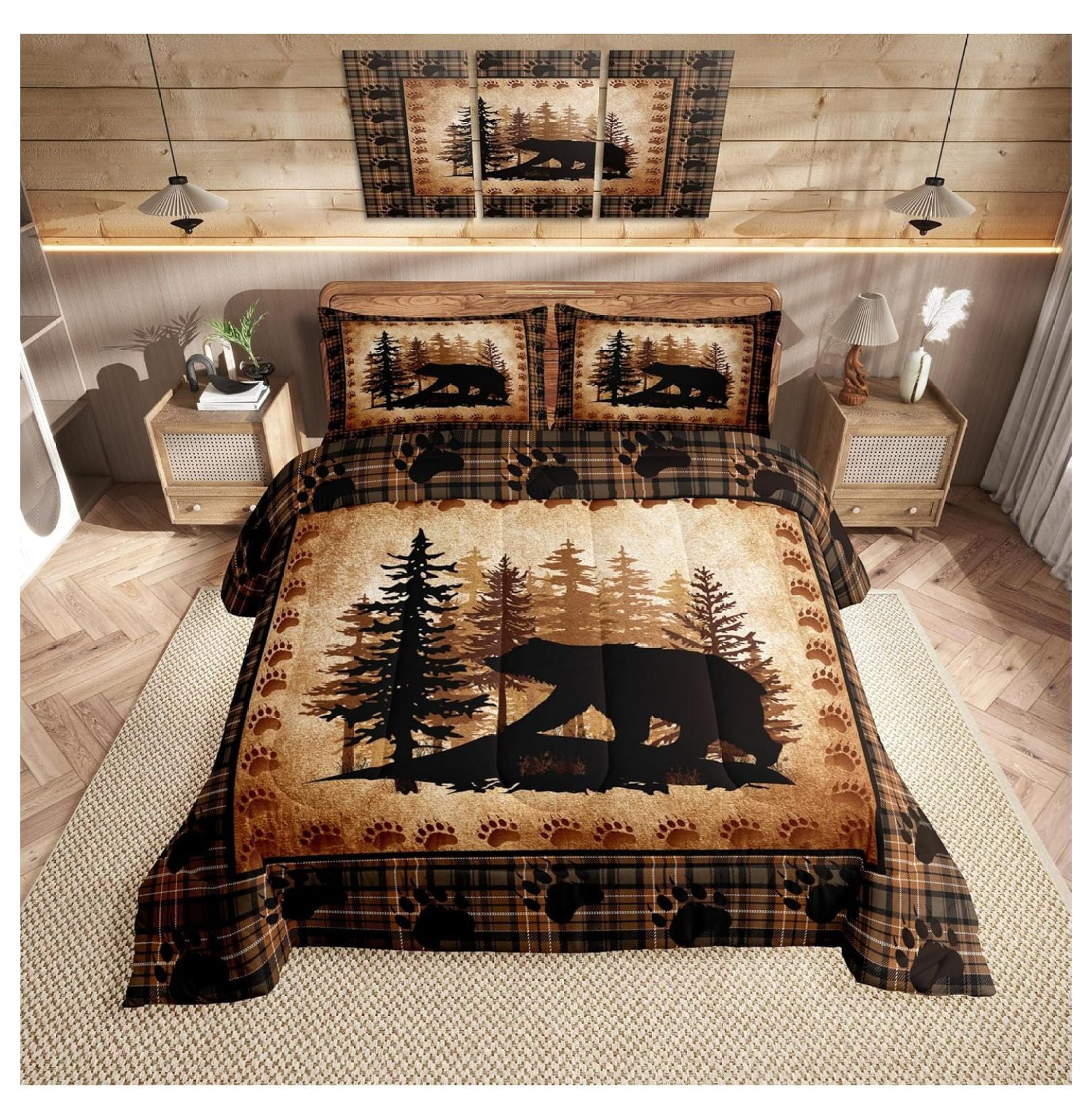Bear Print Comforter Set King Size,Wild Animal Hunt Pine Trees Bedding ...