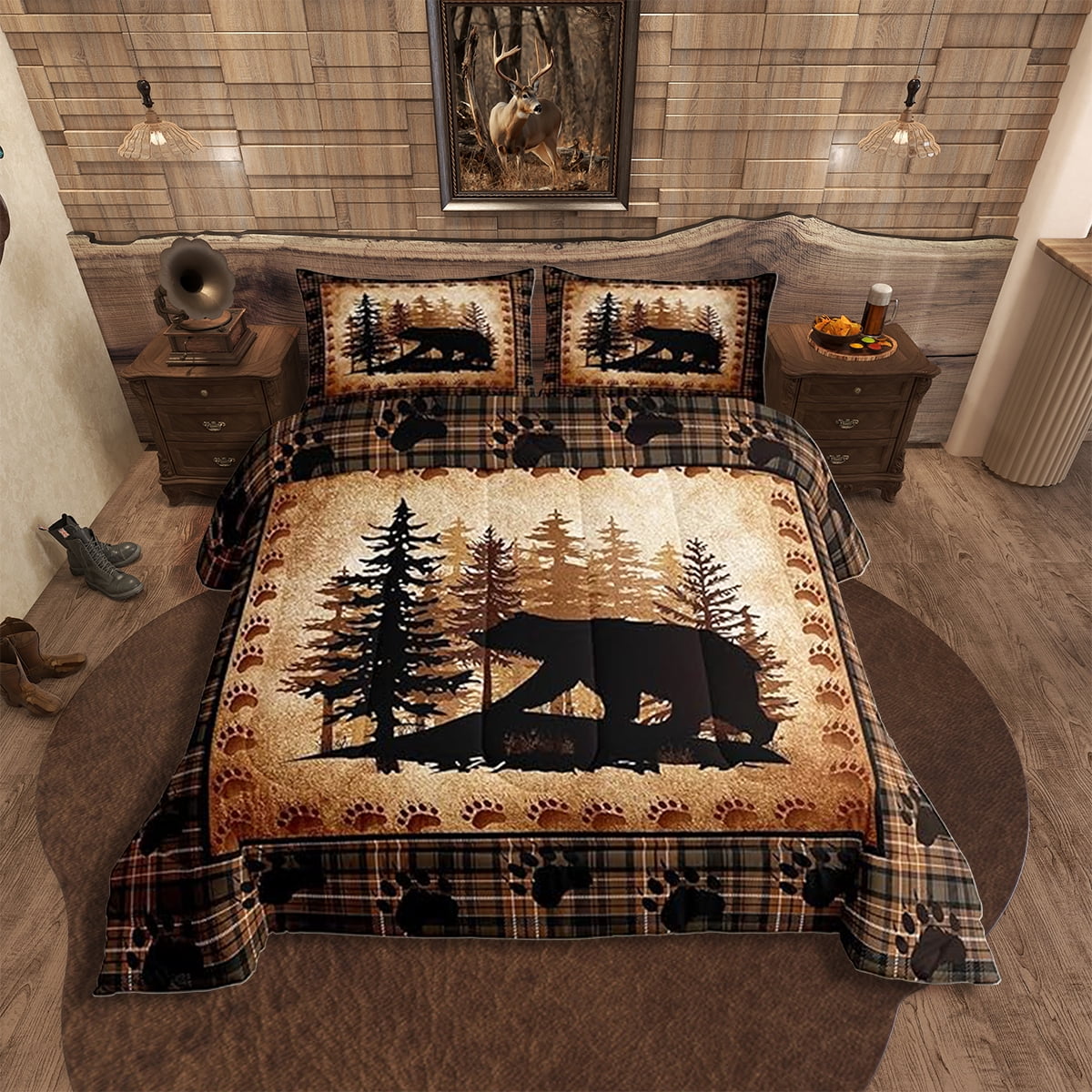 Bear Print Comforter Set Twin Size,Animal Hunt Pine Trees Retro Bedding ...