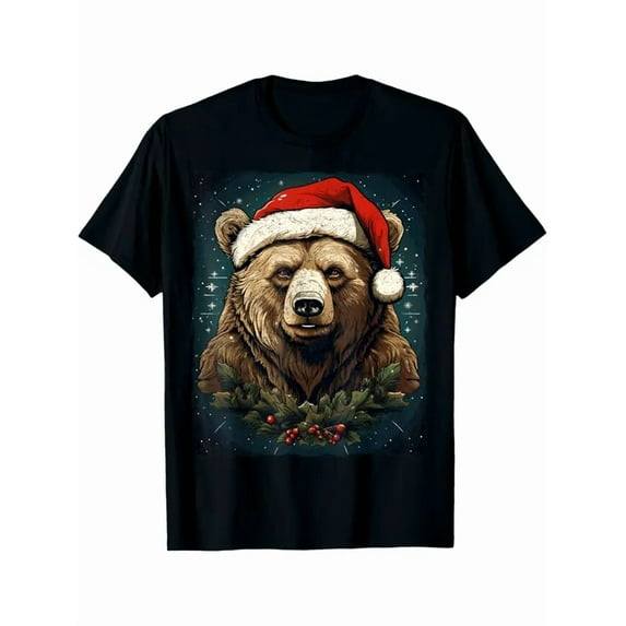 Bear Print Men's Cotton Casual T-shirt, Short Sleeve Crew Neck Top, Men ...