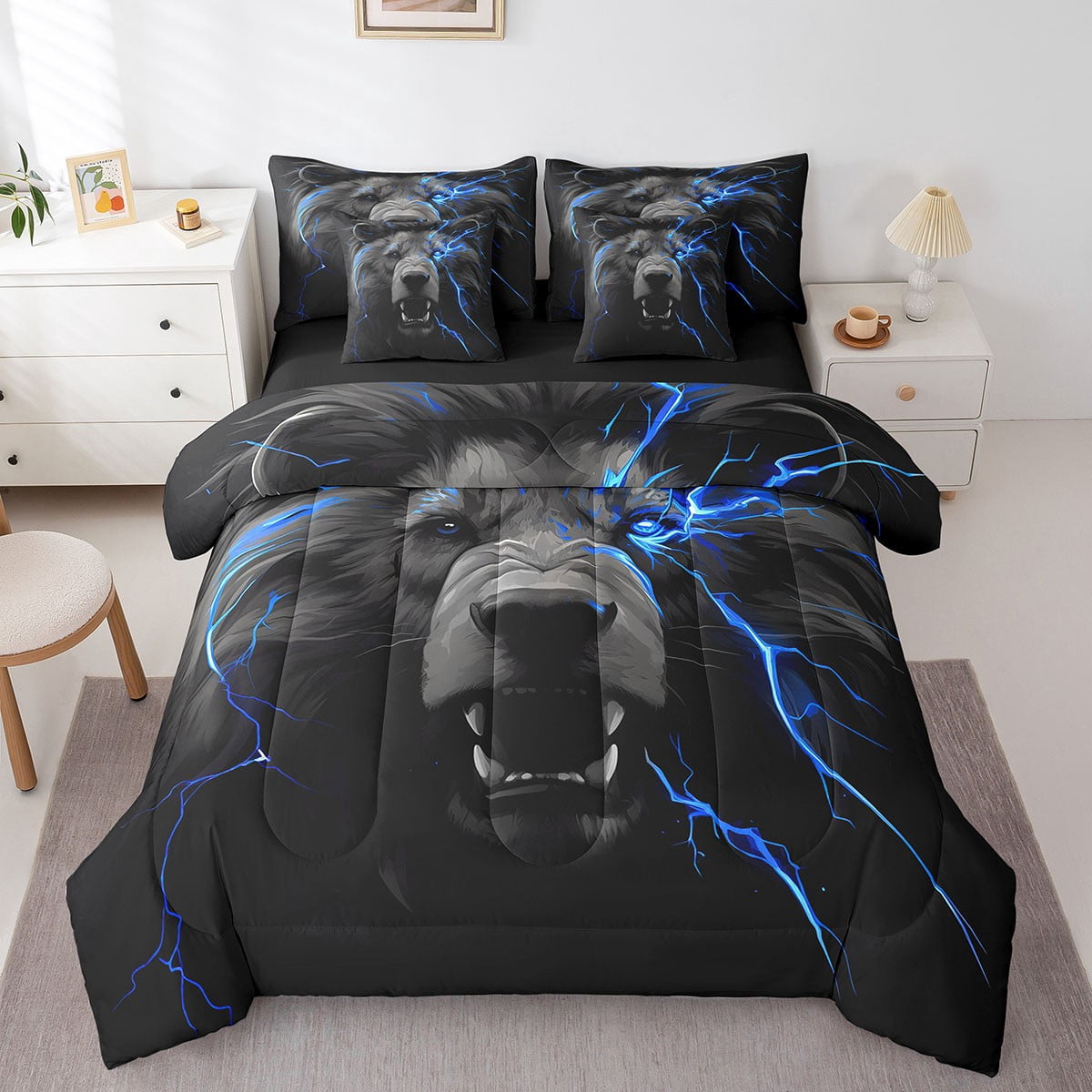 Bear Queen Bedding Set 7 Piece Black Blue Lightning Bear Comforter Set ...