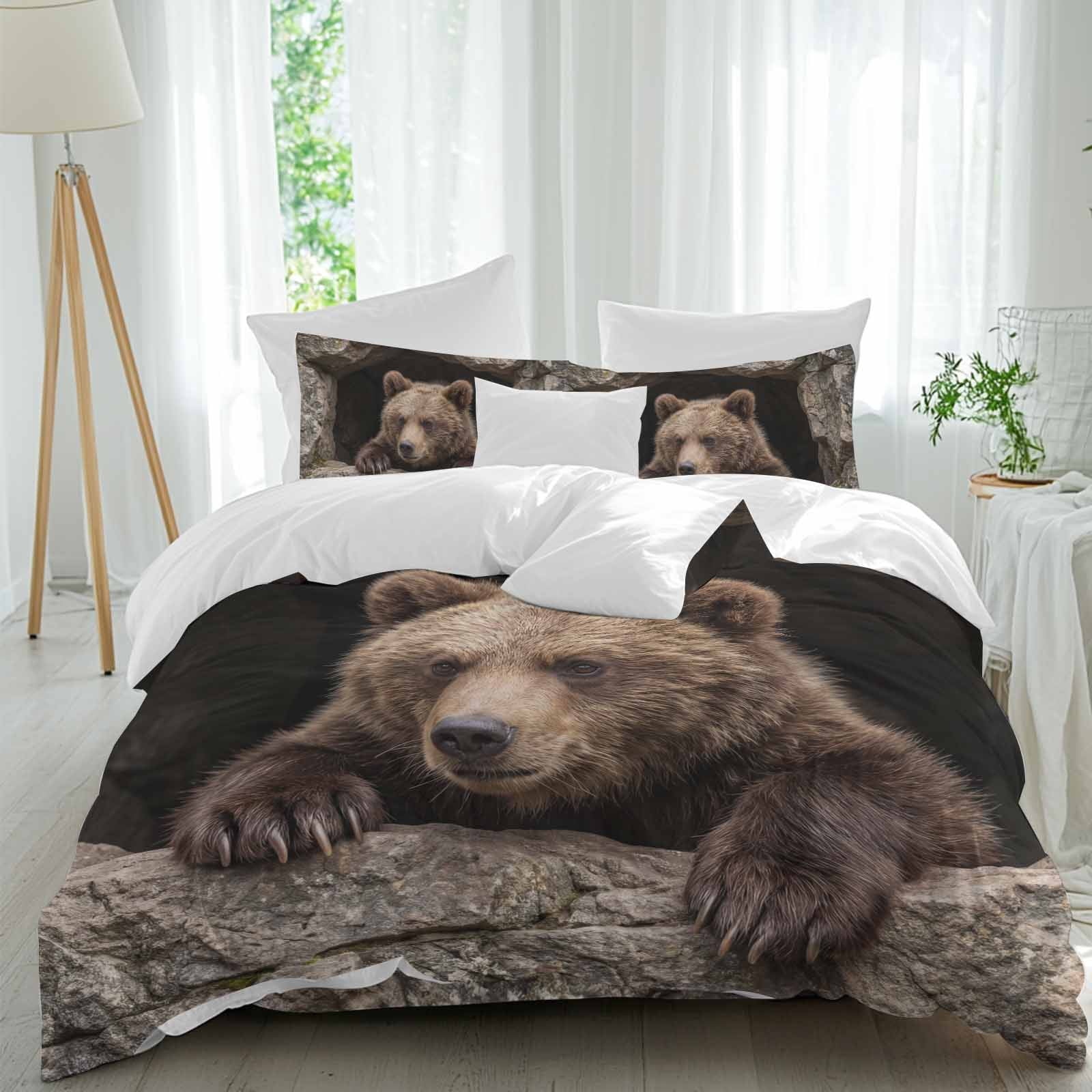 Bear Queen Duvet Cover Set, Country Rustic Natural Forest Rock Cave ...