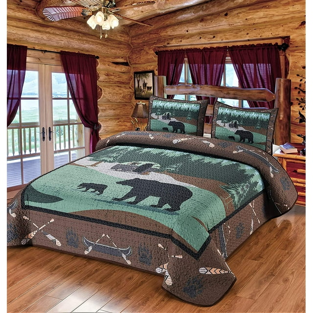 Bear Queen Quilt Set Lodge Cabin Bedding RV Camper Camping Bedspread ...