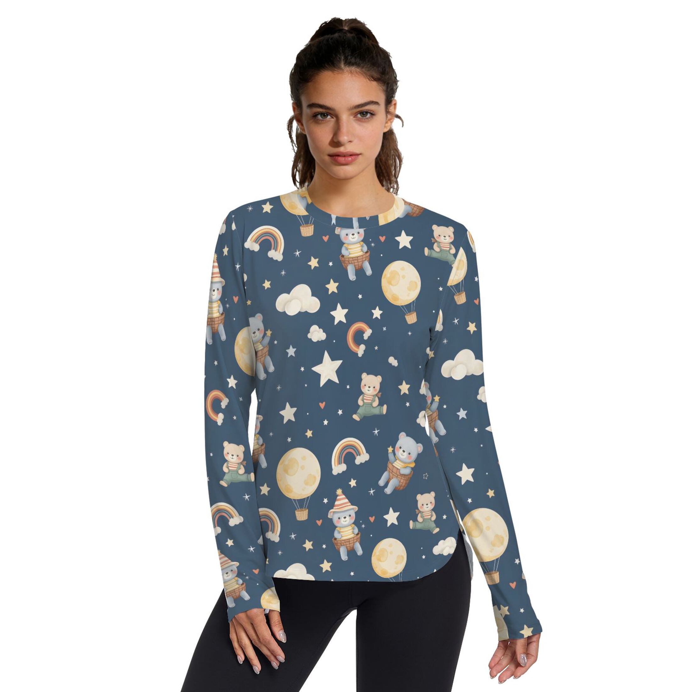 Bear Rainbow Clouds Hot Air Balloon Women UPF 50+ UV Shirts Long Sleeve ...