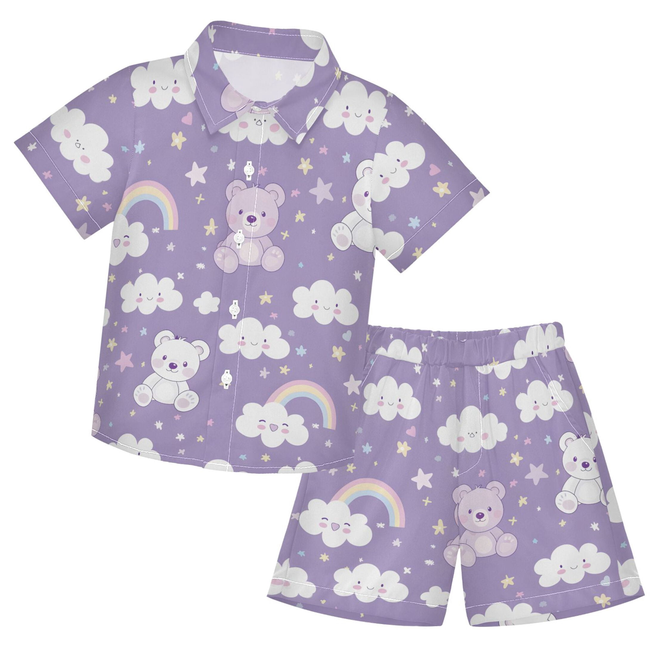 Bear Rainbow Clouds Pattern Boys' Hawaiian Shorts Sets Button Down ...