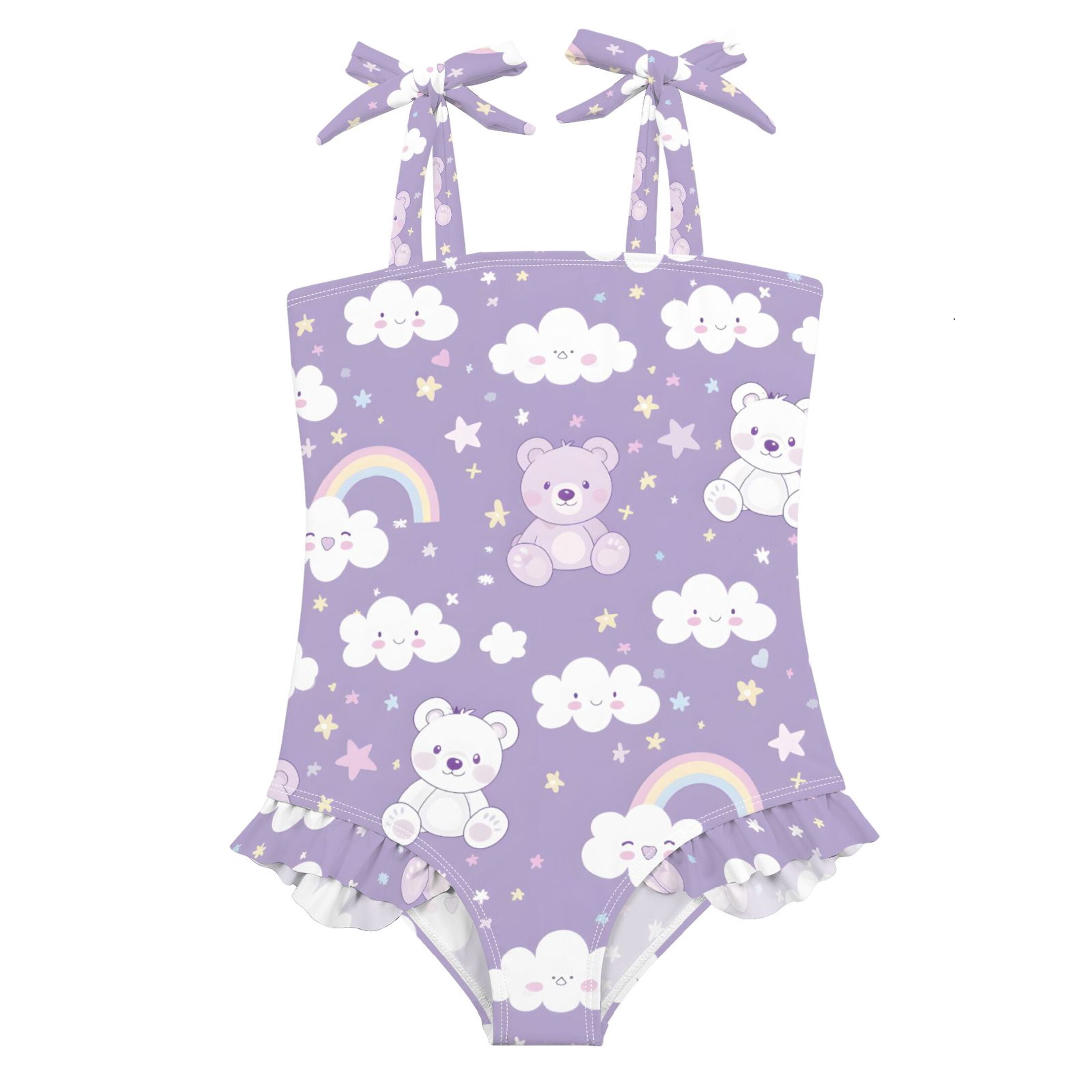 Bear Rainbow Clouds Pattern Girls' One-Piece Swimsuit Bowknot Tie ...