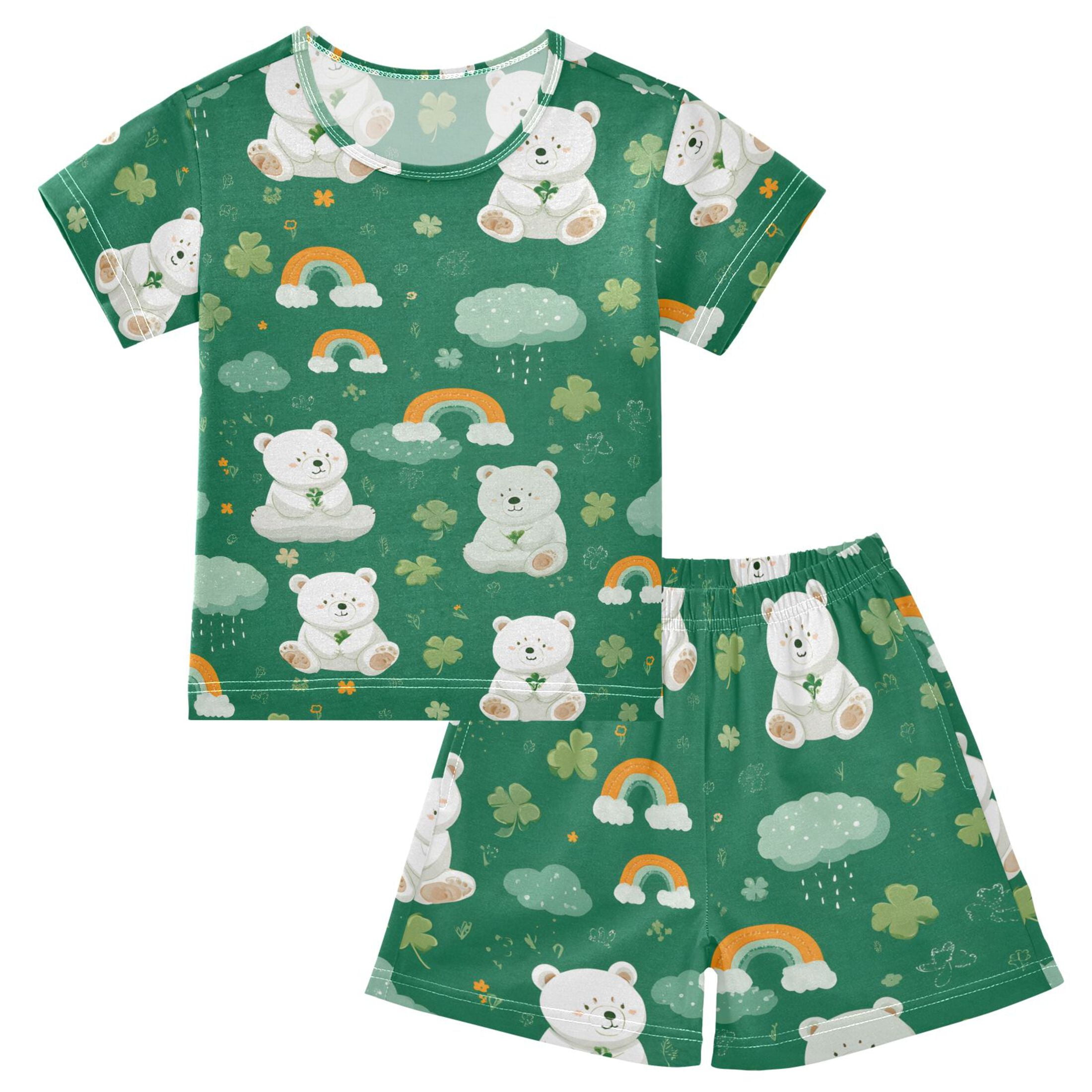 Bear Rainbow Four Leaf Clover Pattern Summer Pajama Set Soft Cotton ...
