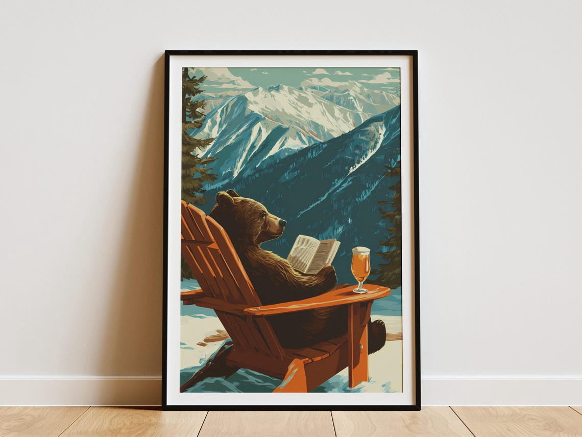 Bear Reading Book Adirondack Chair Mountain Scenery Vintage Style ...