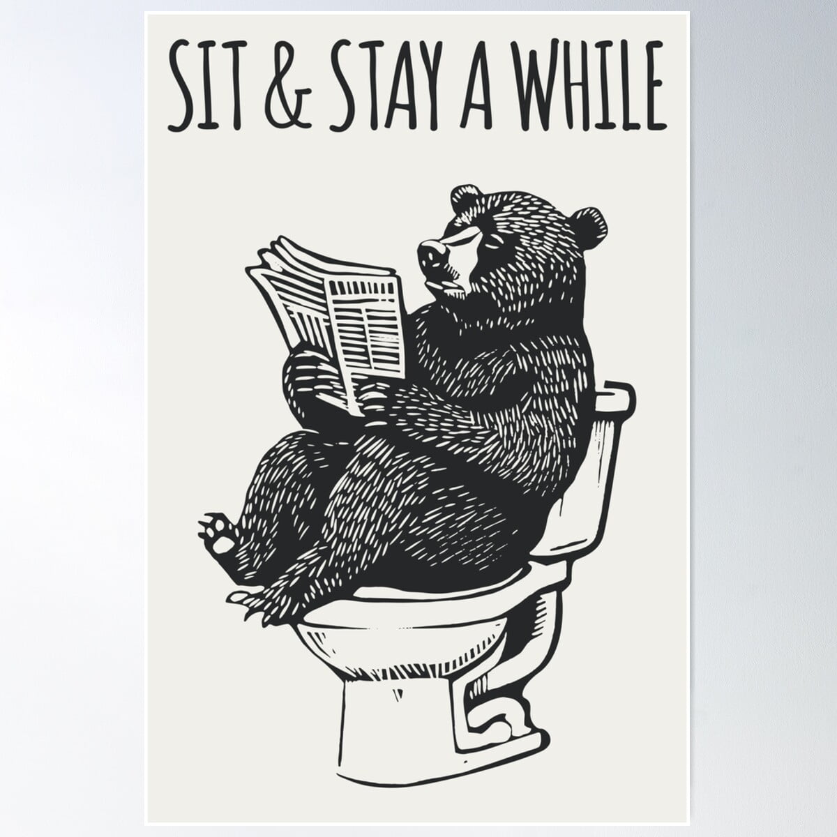 Bear Reading Newspaper Poster - Funny Bathroom Decor, Humorous Wall Art ...