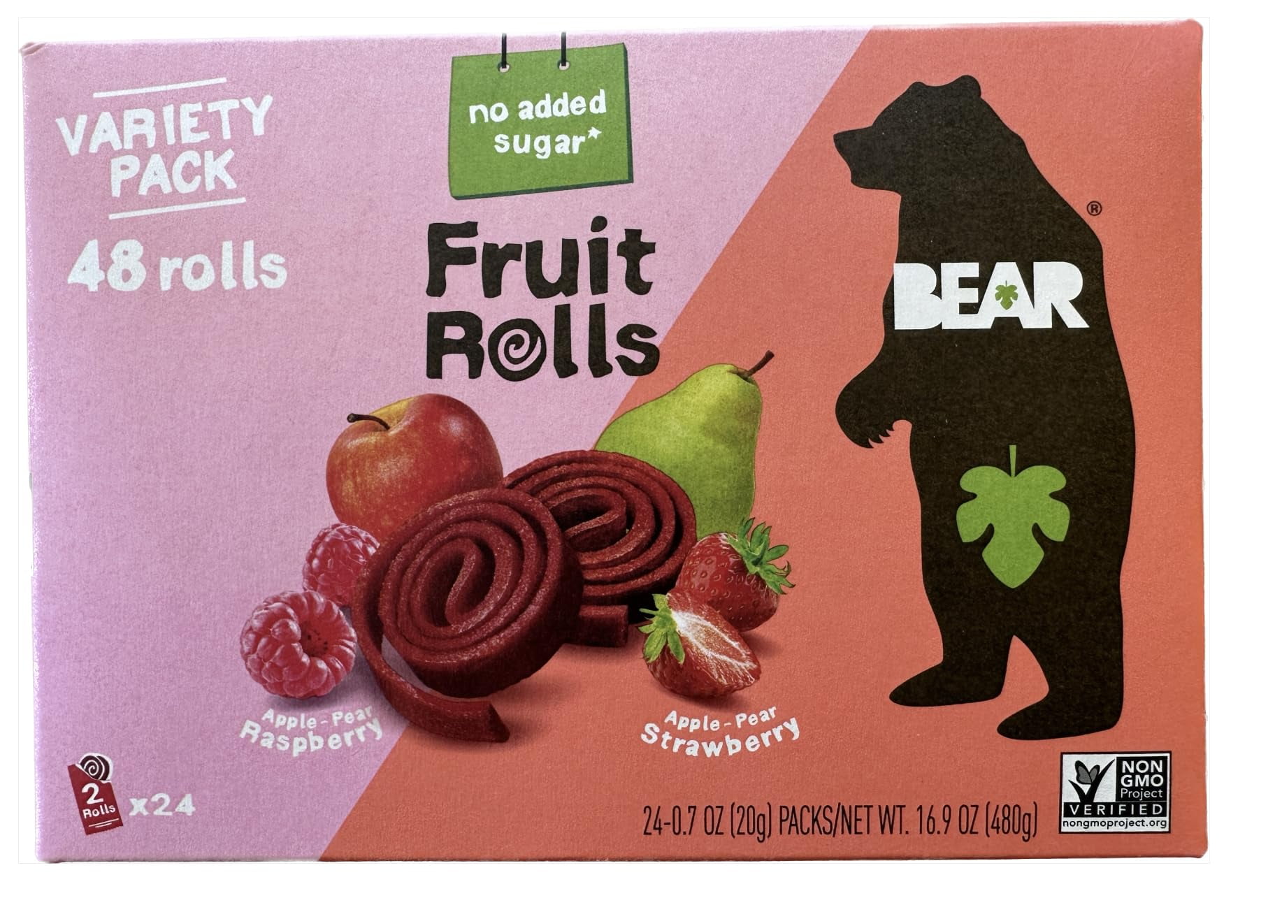 Bear Real Fruit Snack Rolls, Strawberry & Raspberry Variety Pack, 48 ...