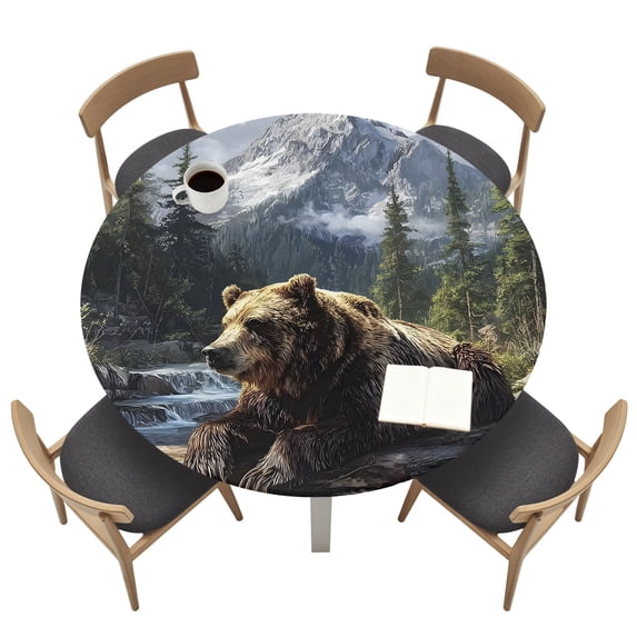 Bear Round Fitted Table Cover Animal Snow Mountain Nature Pine Forest ...