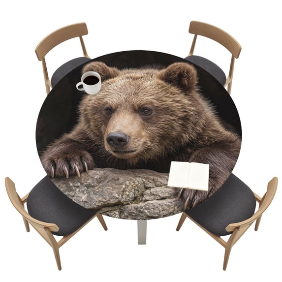 Bear Round Fitted Table Cover Country Rustic Natural Forest Rock Cave ...