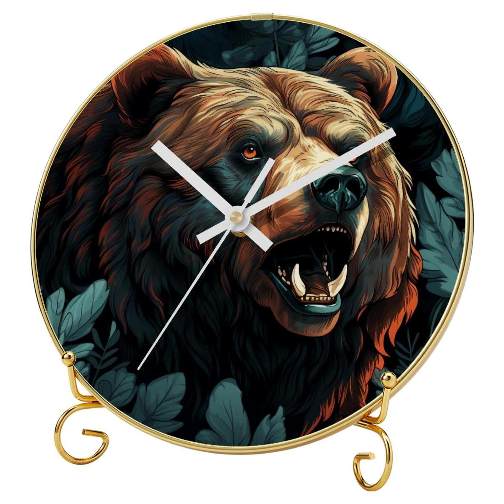 Bear Round Printed Wall Clock with Hooks and Gold Stand - Silent Non ...