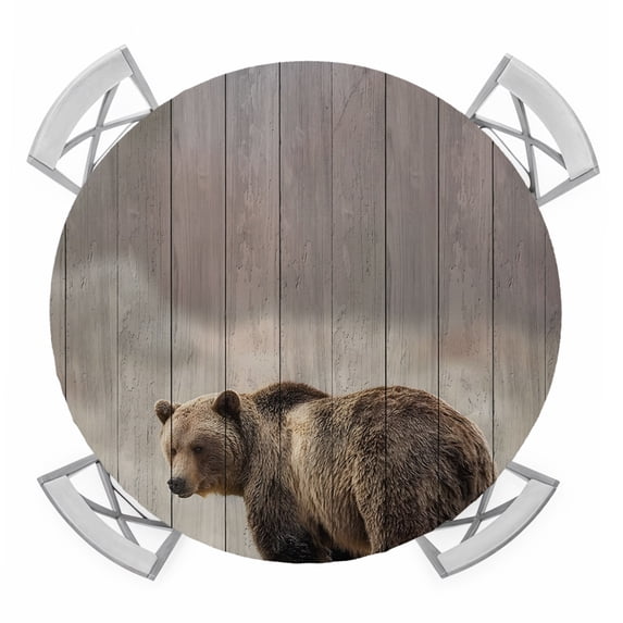 Bear Round Table Cover, Farmhouse Rustic Animals Wooden Texture ...