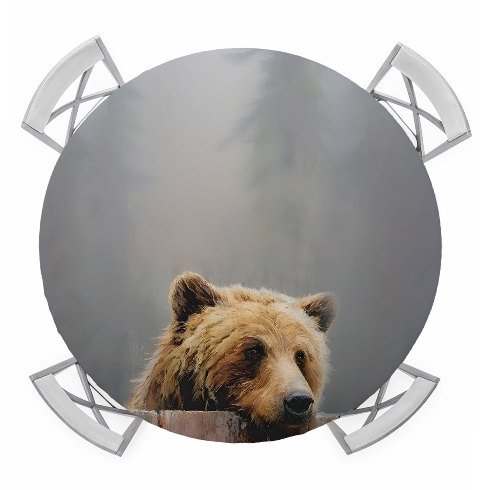 Bear Round Table Cover, Fog Misty Woods Animal Waterproof Fitted ...