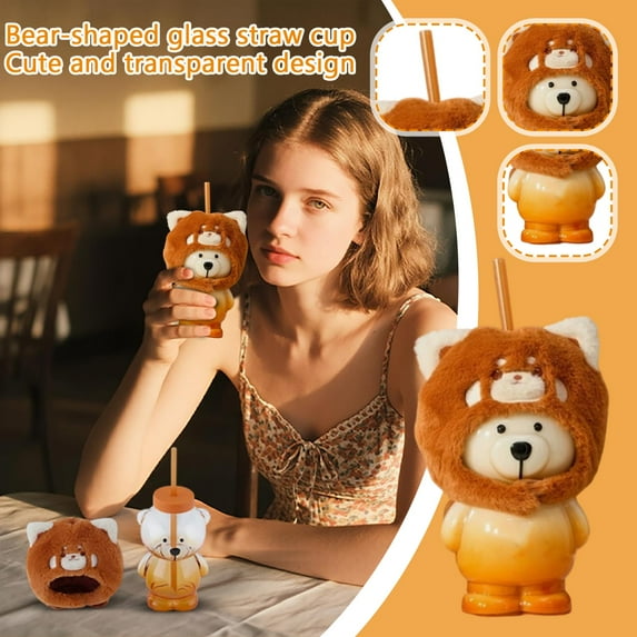 Bear Shaped Glass Straw Cup with Plush Hat, Cute Transparent Animal ...