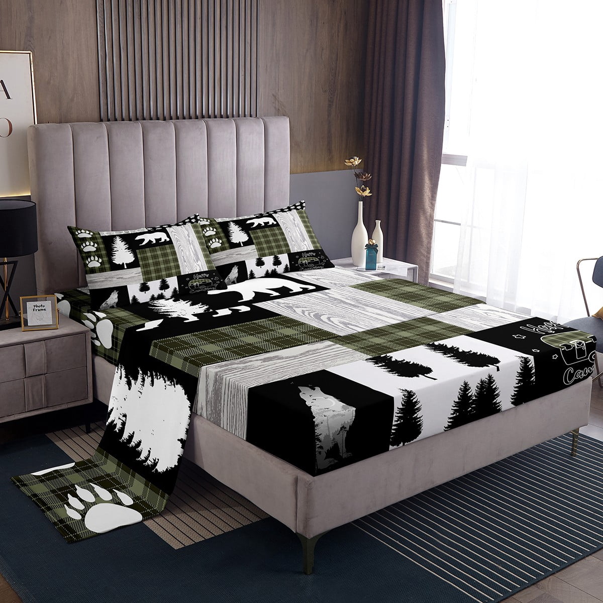 Bear Sheet Set Queen,Wolf Hunting Woodland Rustic Cabin Bed Sheets ...
