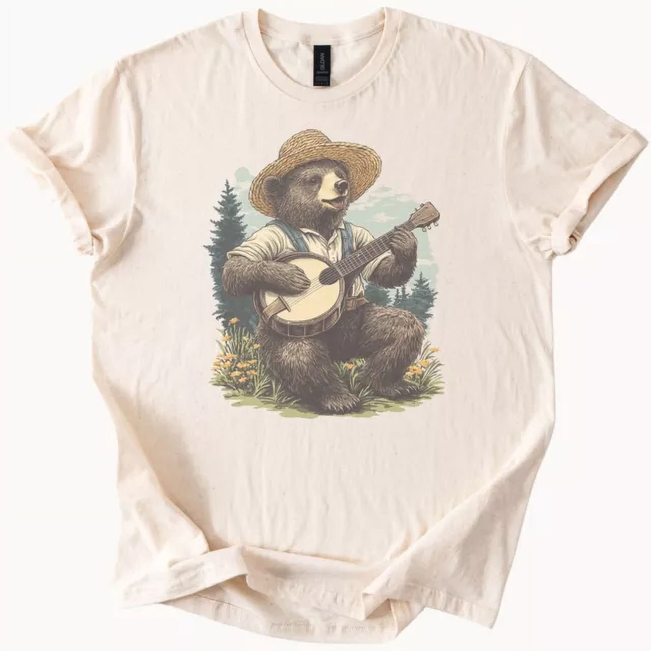 Bear Shirt Unisex Playing Banjo Nature Graphic Cotton TShirt Natural ...