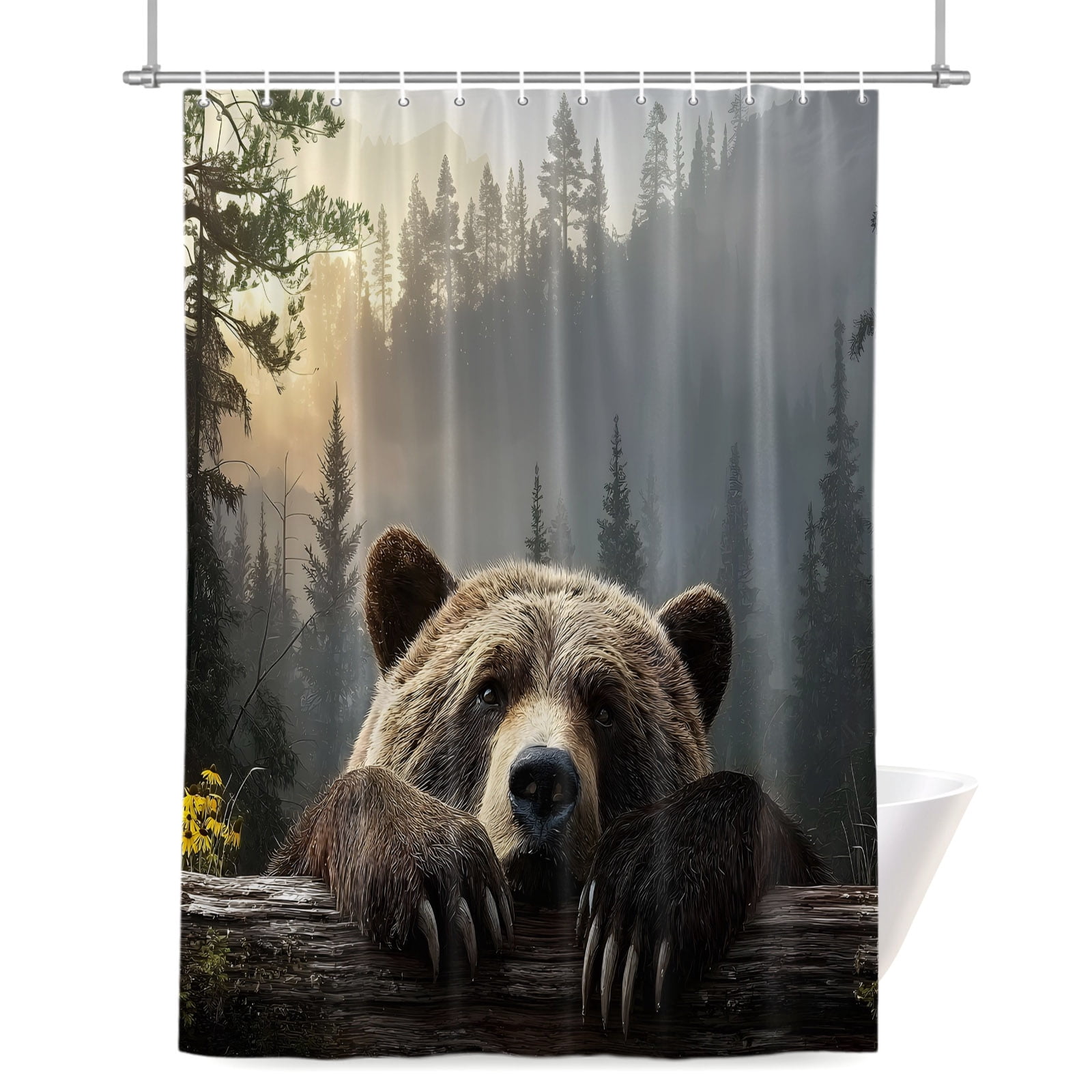 Bear Shower Curtain, Animal Wood Fence Forest Farmhouse Waterproof ...