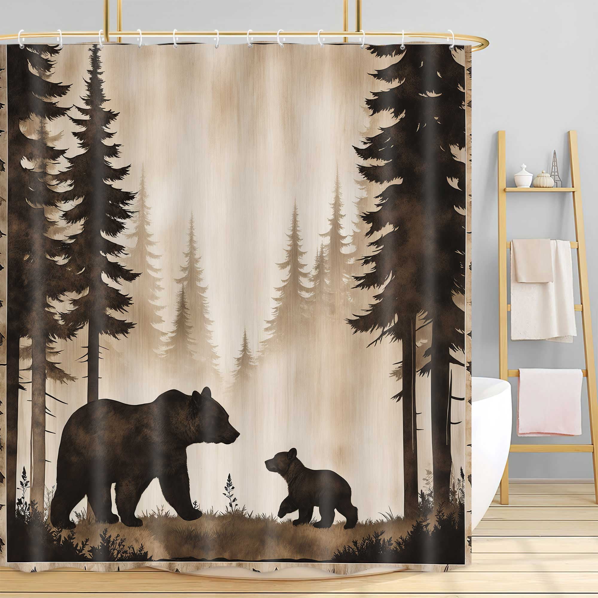 Bear Shower Curtain, Rustic Wild Animals Forest Mountain Vintage Wood ...