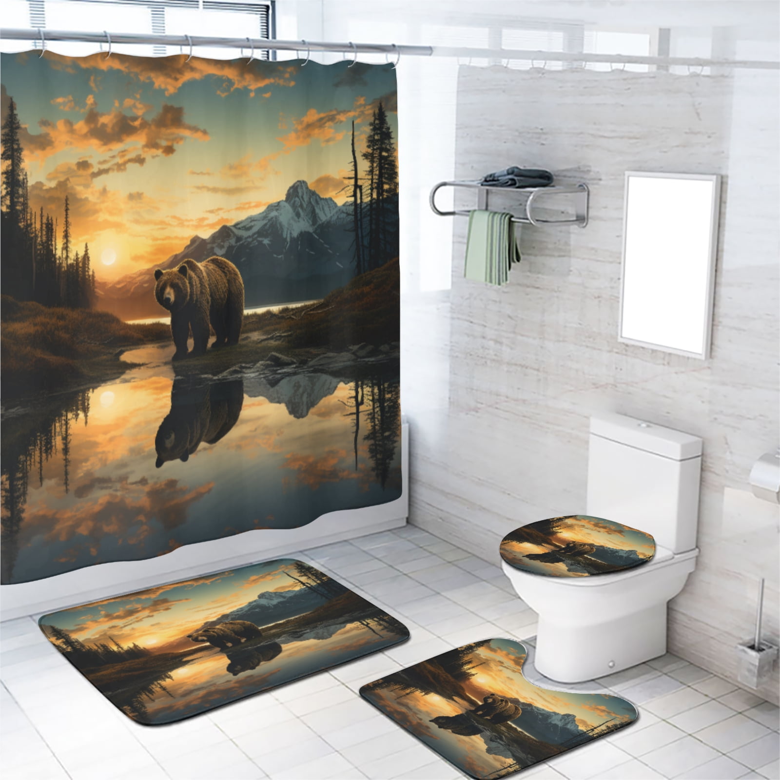 Bear Shower Curtain Set with Rugs Rustic Cabin Lodge Forest Sunset Lake ...