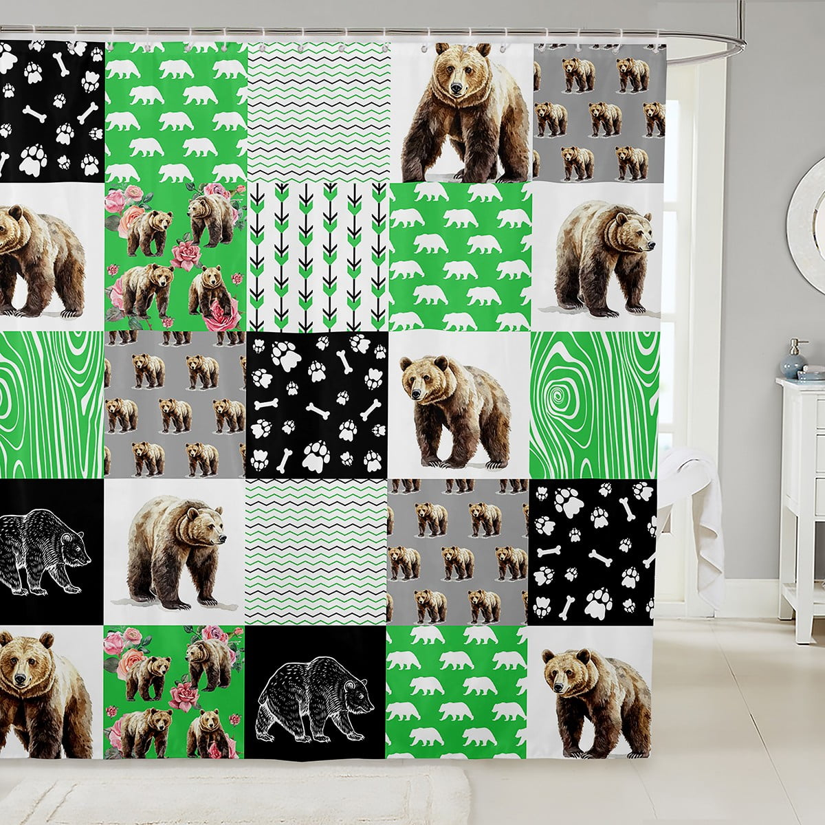 Bear Shower Curtain Set Woodland Animals Jungle Wildlife Paw Print Bath ...