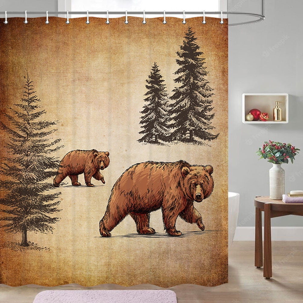 Bear Shower Curtains for Bathroom, Wild Animals Rustic Cabin Forest ...
