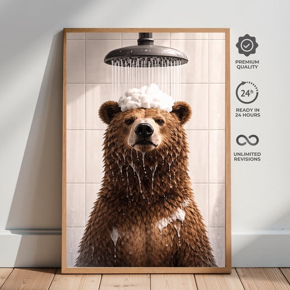 Bear Shower Poster, Funny Animal Bathroom Wall Art, Whimsical Decor ...
