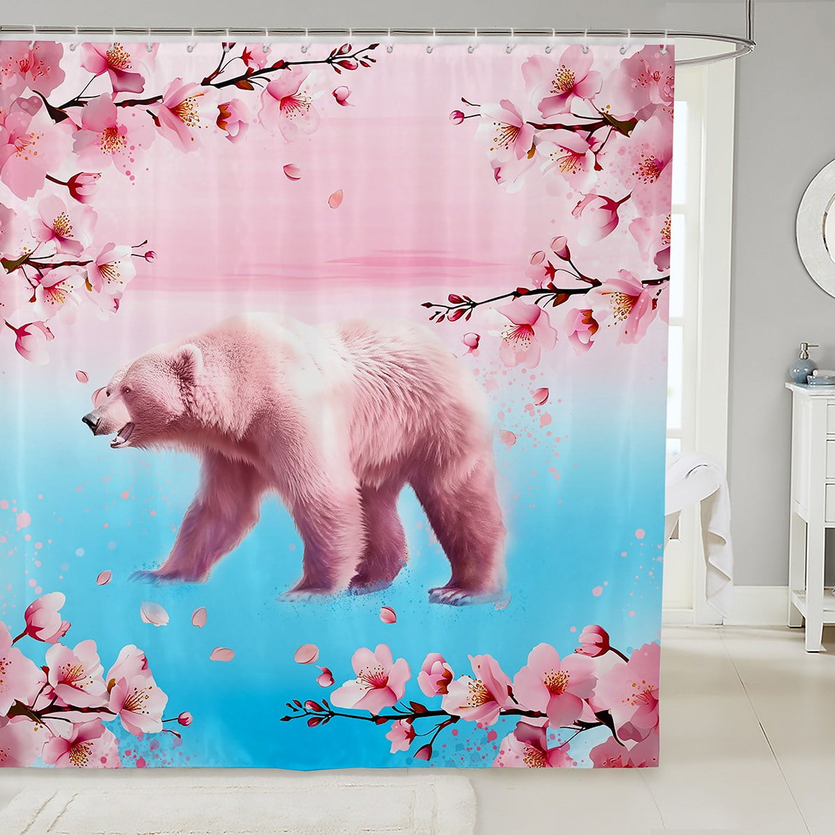 Bear Shower Curtain Woodland Animals Bath Curtain,Cherry Blossom Fabric ...