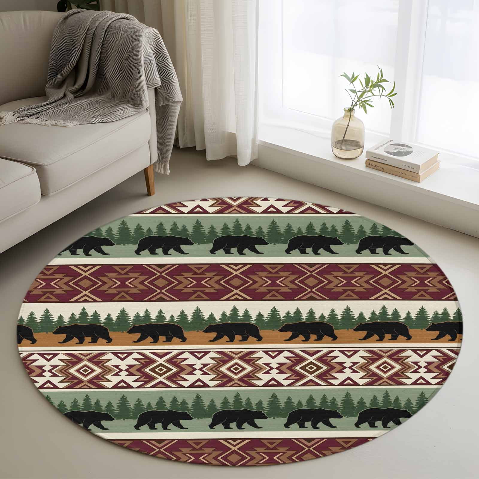 Bear Silhouette 3FT Round Area Rug Forest Tribal Rustic Farmhouse Brown ...