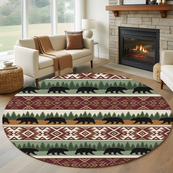Bear Silhouette 6FT Round Area Rugs for Living Room Forest Tribal ...