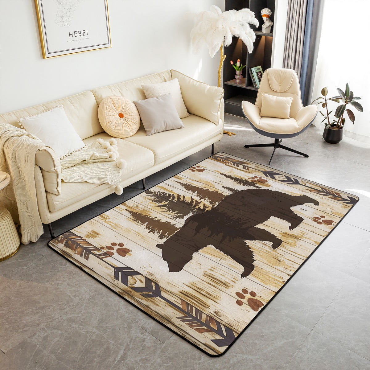 Bear Silhouette Area Rug 5x6'6'', Pine Tree Animal Paw Print Rug for ...