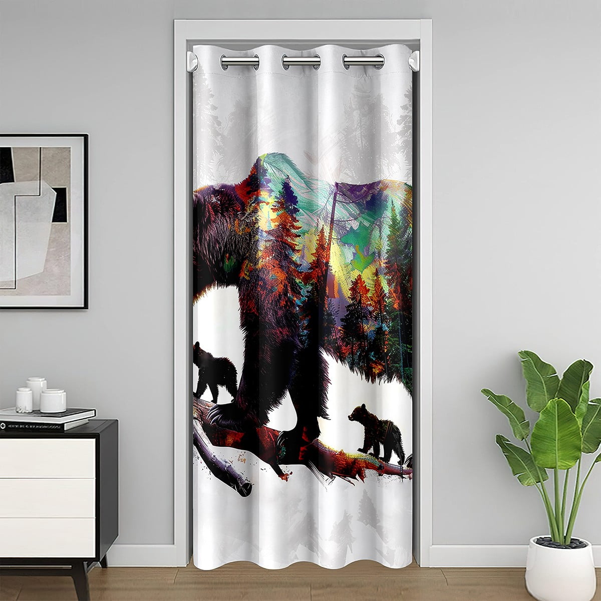 Bear Silhouette Doorway Curtain 1 Panel 80"x52", Woodland Wildlife Bear ...