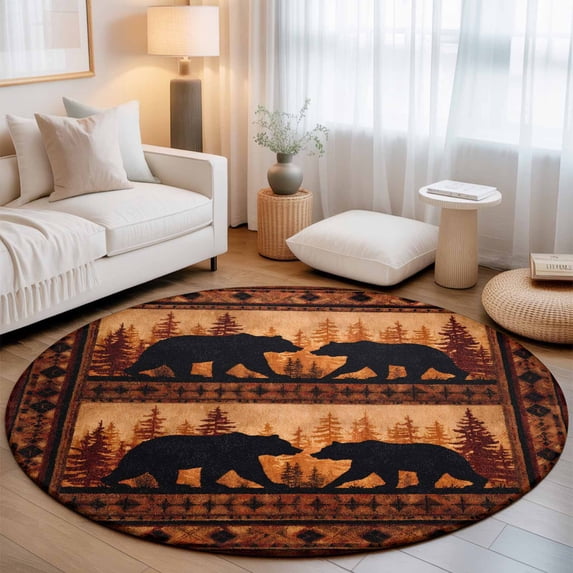 Bear Silhouettes Round Living Room Rugs 4 ft, Animals Pine Trees Aztec ...