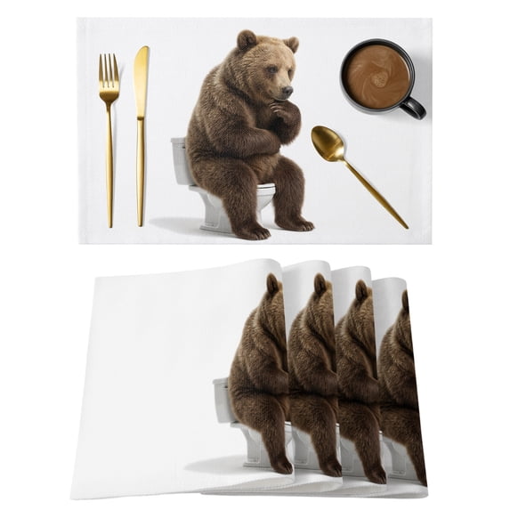Bear Sitting on The Toilet Thinking Cotton Linen Placemats Set of 8 ...
