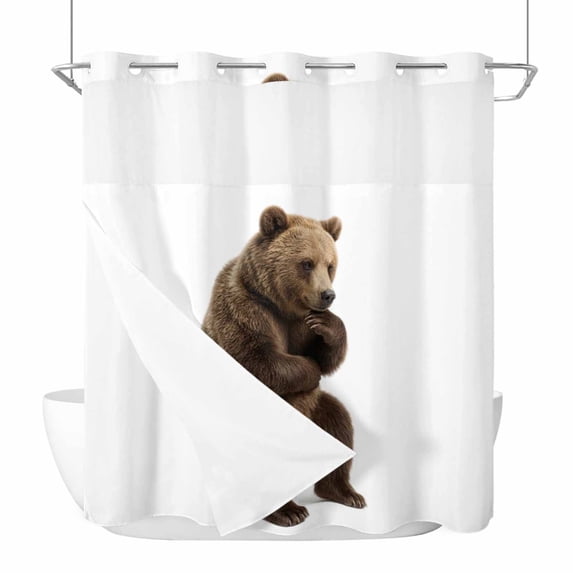 Bear Sitting on The Toilet Thinking No Hook Shower Curtain and Snap in ...