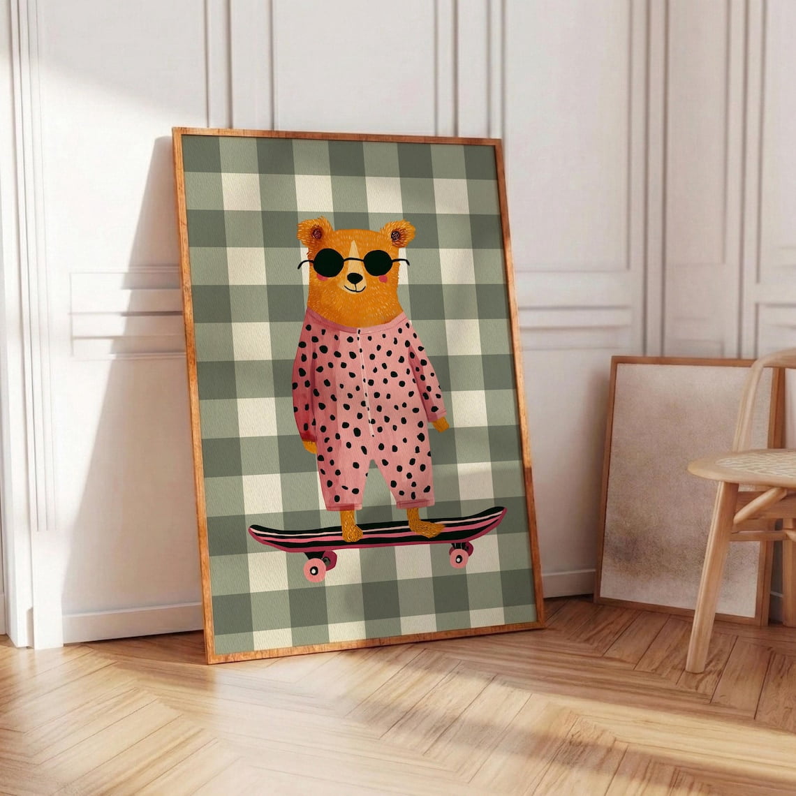 Bear Skateboarding Cool Wall Art Polka Dot Checkered Nursery Kids Room ...