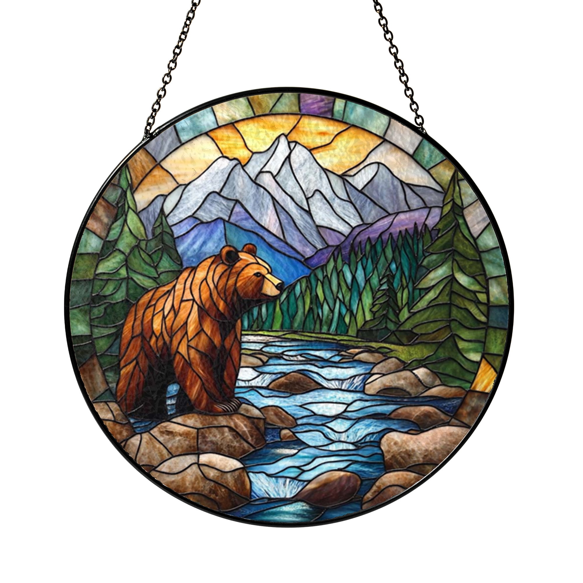 Bear Stained Glass Window Suncatcher, Mountain Landscape Home Decor ...