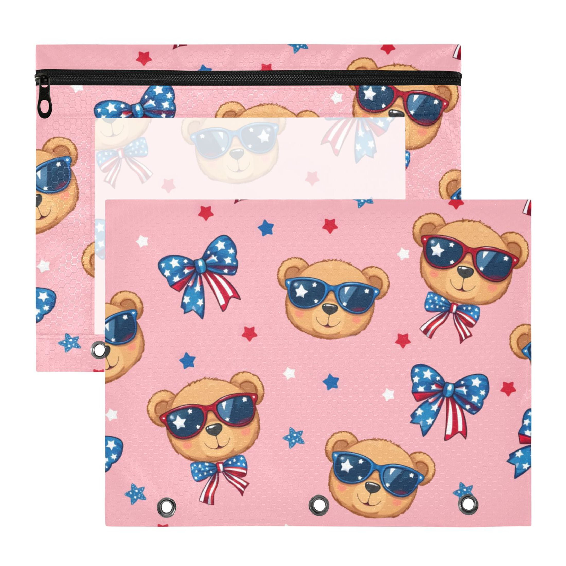 Bear Stars Bows with Flag Pattern 3-Ring Binder Pouches A4 Size Zipper ...