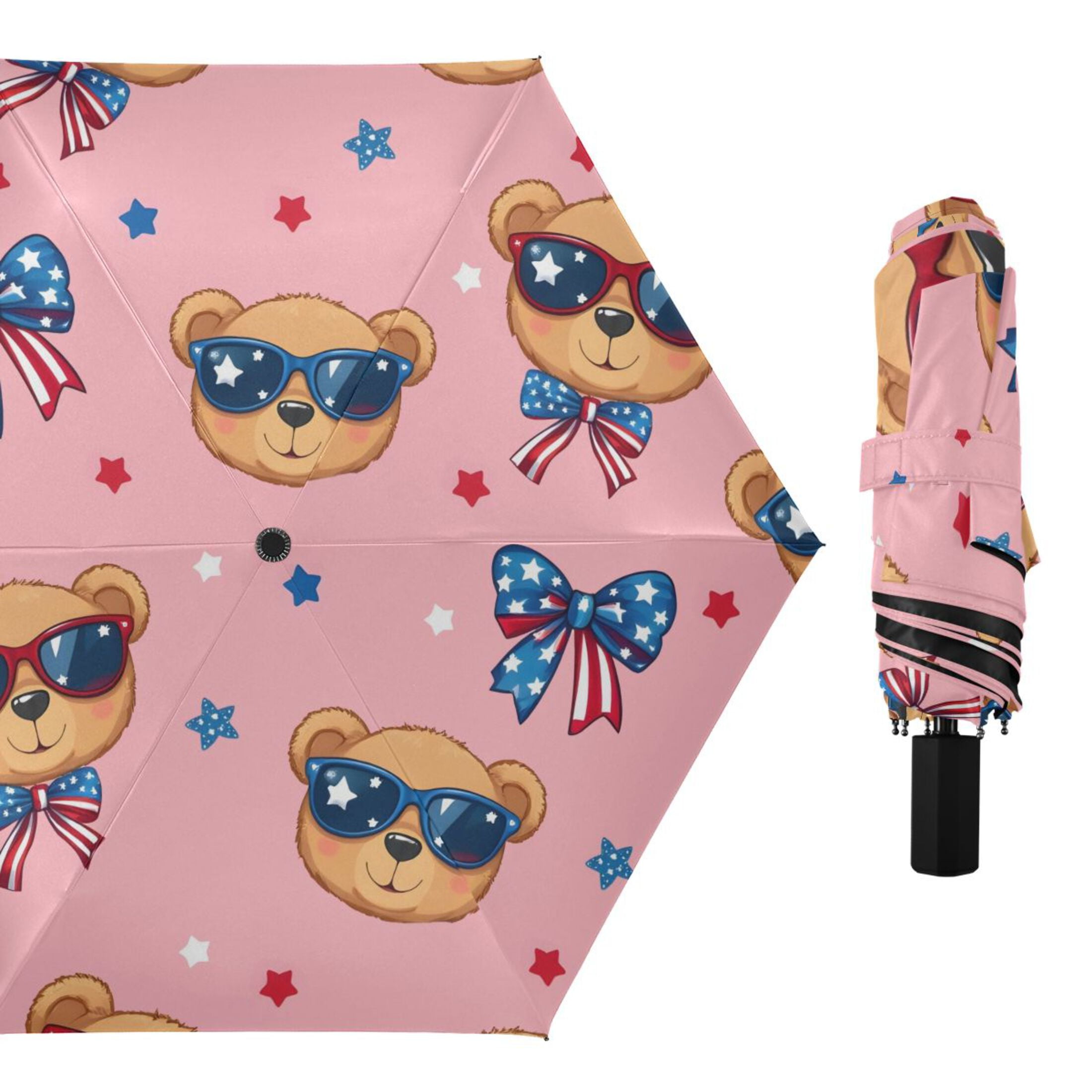 Bear Stars Bows with Flag Pattern All Weather Umbrella Triple Folding ...
