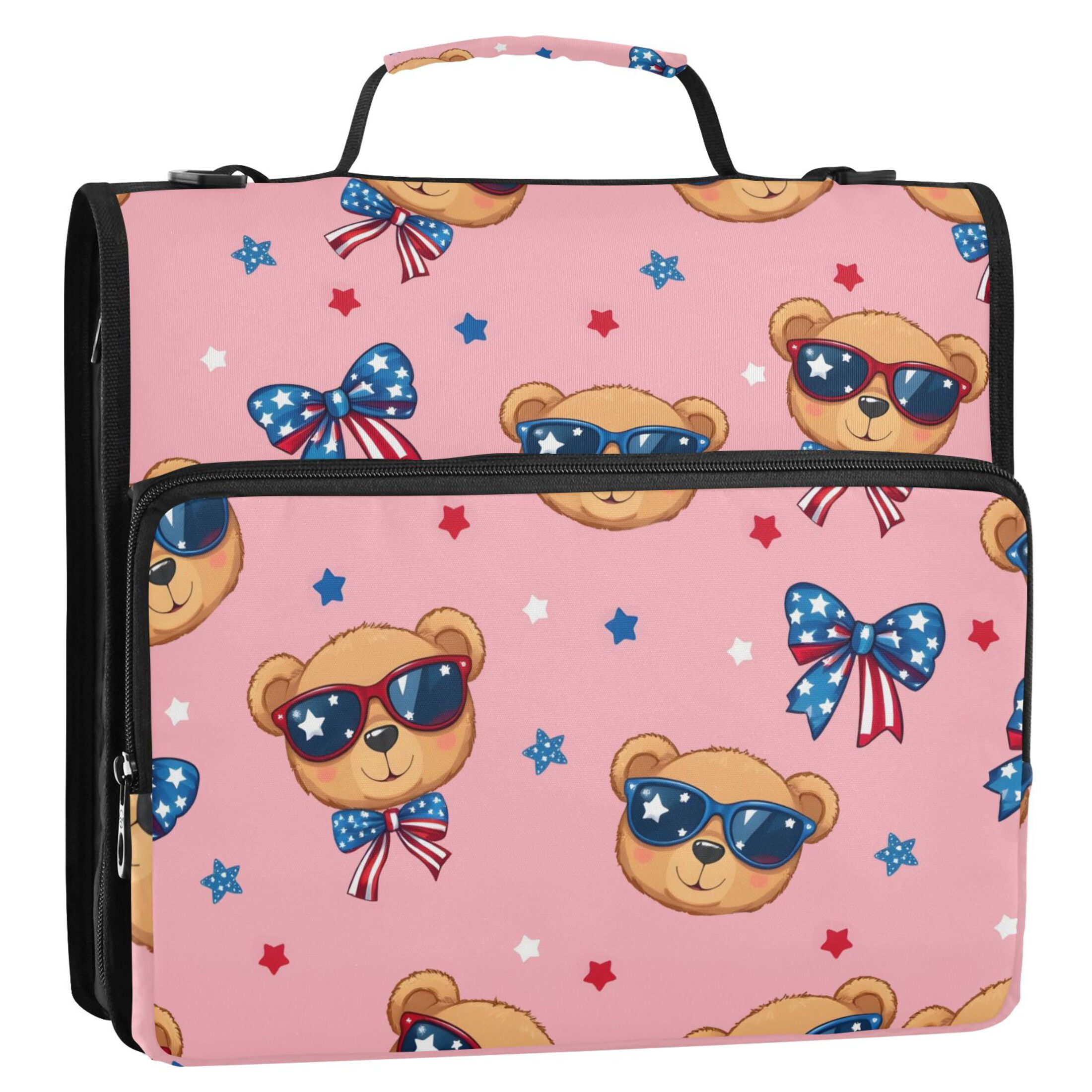 Bear Stars Bows with Flag Pattern Binder Bag with Shoulder Strap 3 Ring ...