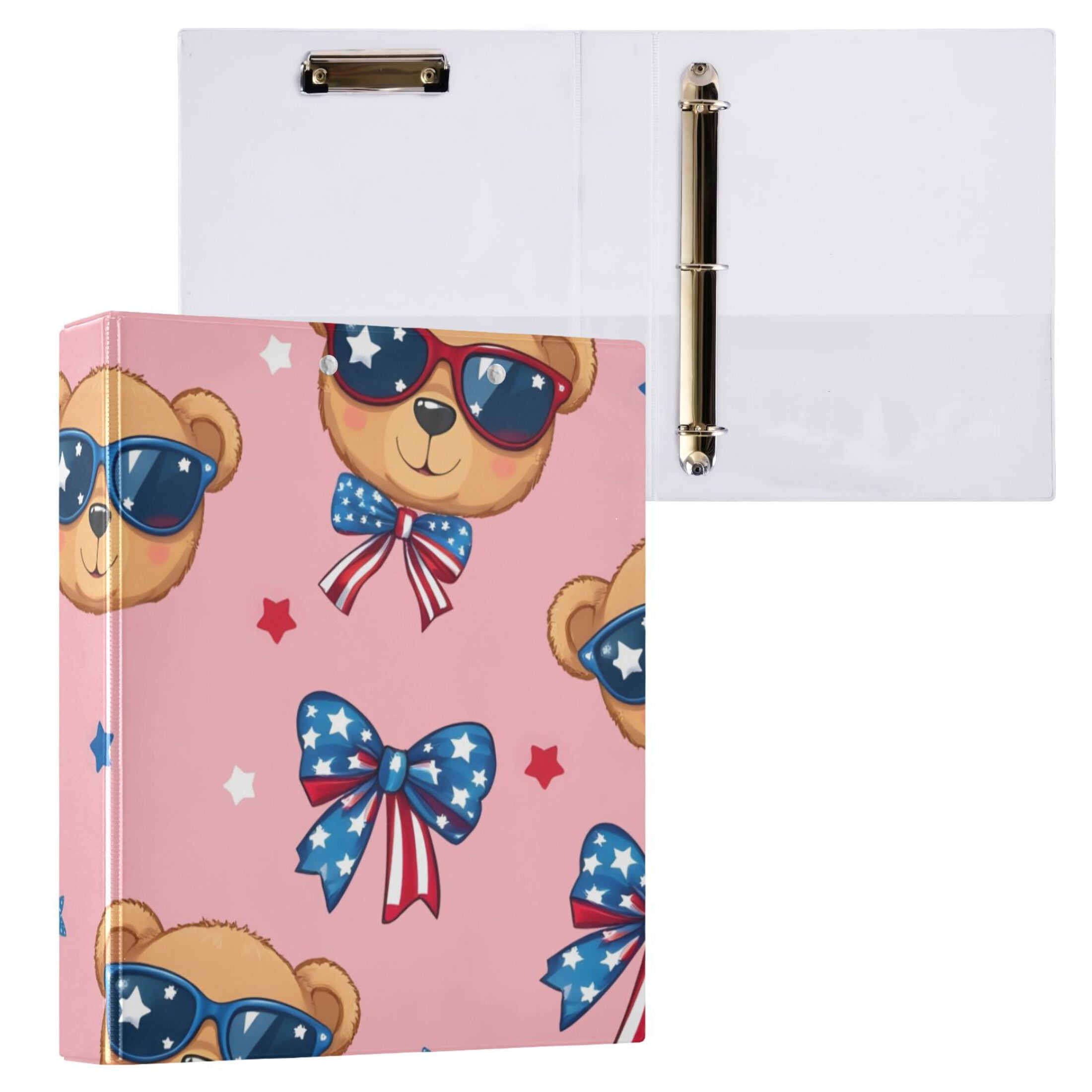 Bear Stars Bows with Flag Pattern Round Ring Binder 3 Rings 1.5 ...