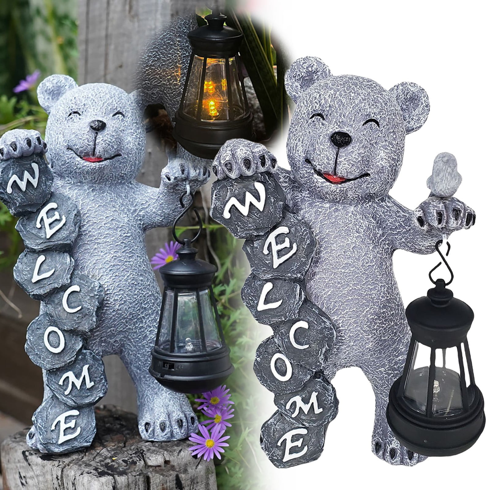Bear Statue Figurine With Solar LED Light Welcome Sign Garden Yard ...