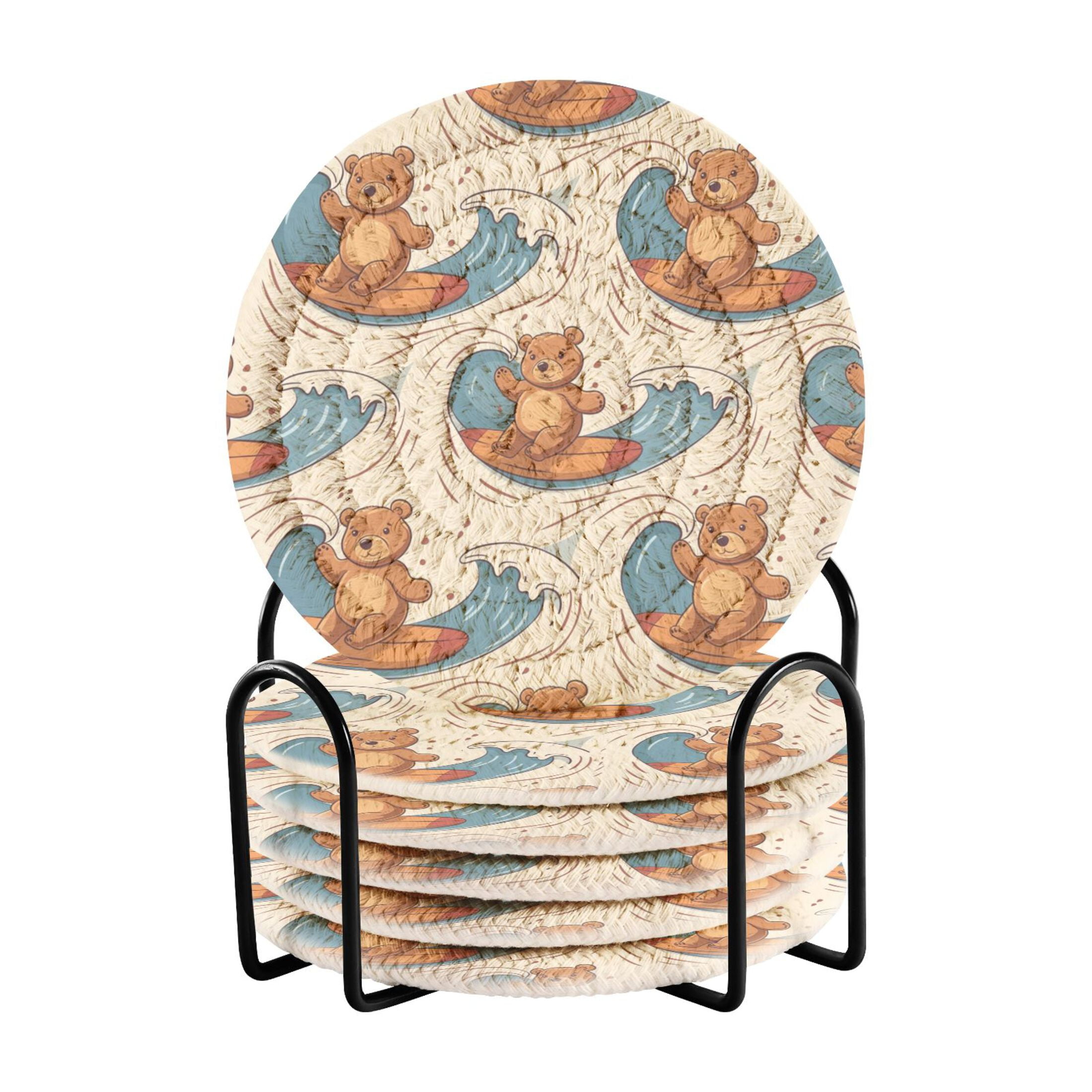 Bear Surf 6 Pcs Drink Coasters with Holder Absorbent Coasters Woven ...